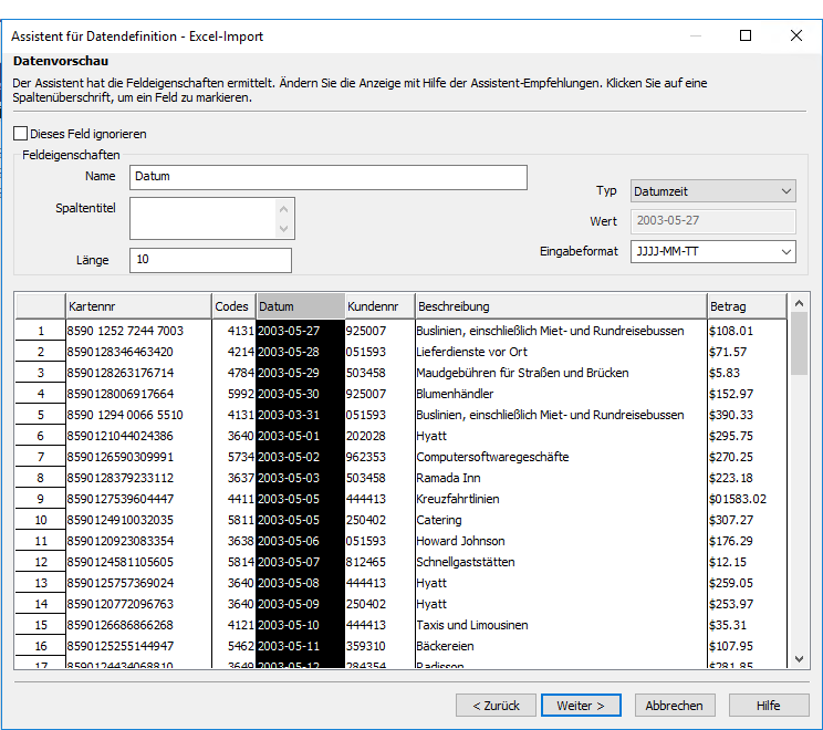 Daten mit dem Assistenten für Datendefinition definieren und importieren